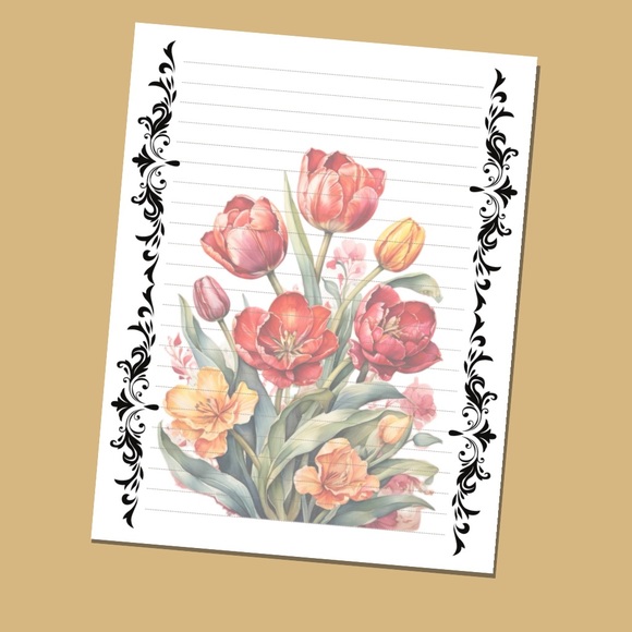 Whimsical Feathers | Other | Tulips Bordered Lined Stationery Paper 25 ...